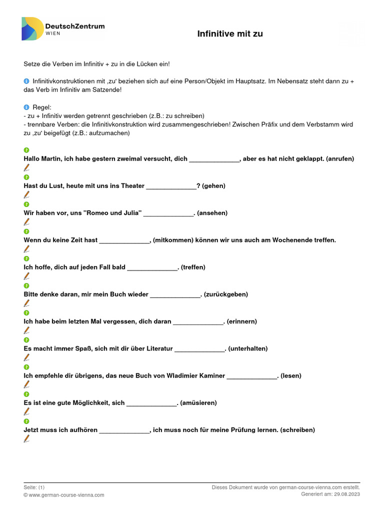 German Course Vienna - Com Infinitive Mit Zu | PDF