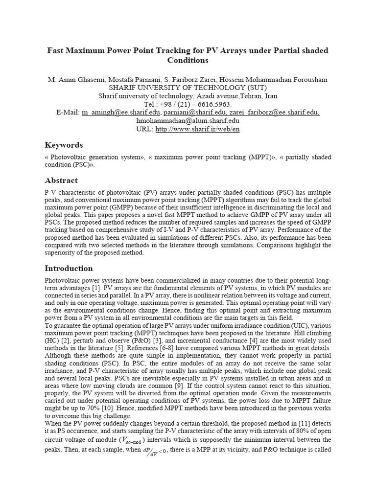 Fast Maximum Power Point Tracking For PV Arrays Under Partial Shaded | PDF | Science & Mathematics