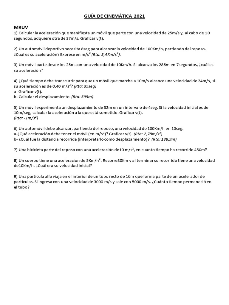 Guía de Cinemática Mruv | PDF
