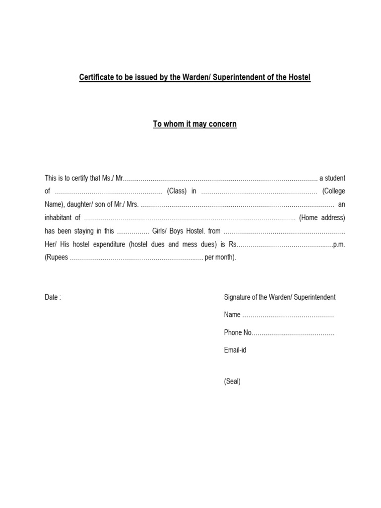 Hostel Certificate | PDF
