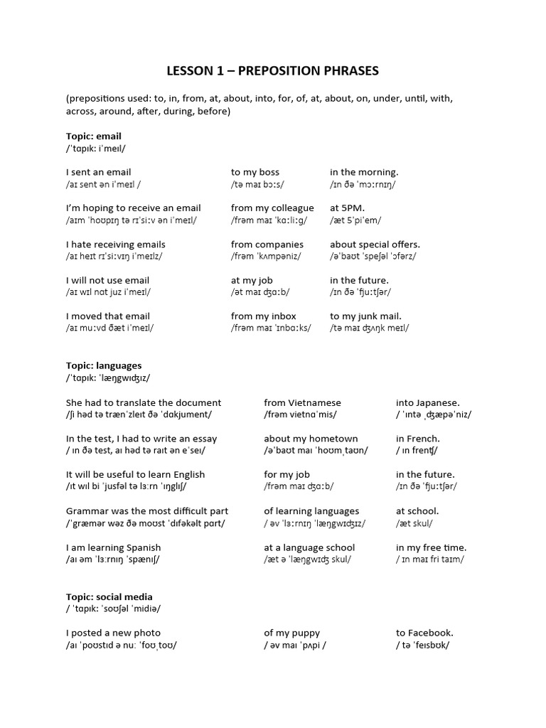 Speaking Level 2: Prepositions & Topics | PDF | Foreign Language Studies