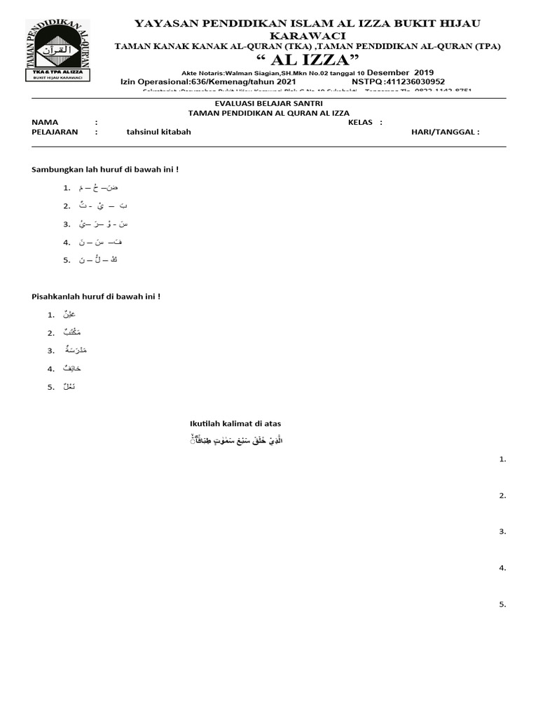 Evaluasi Tahsinul Kitabah Santri | PDF