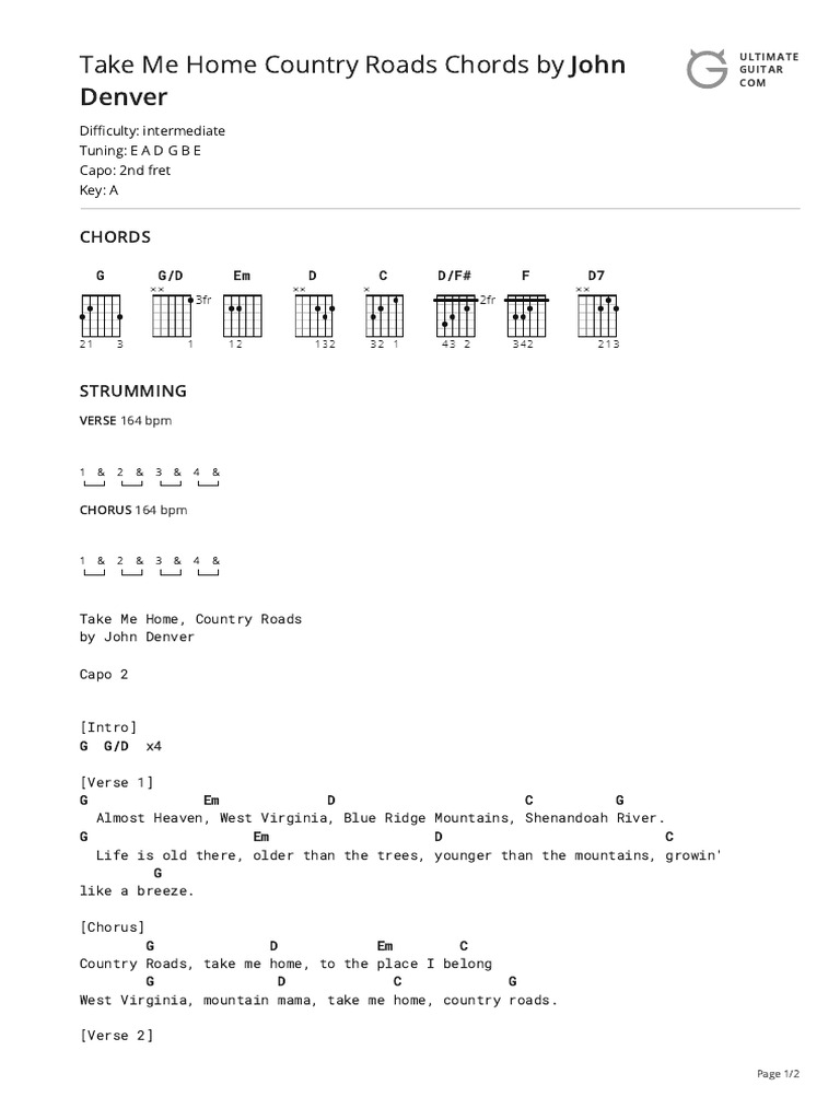 Take Me Home Country Roads Chords by John Denvertabs at Ultimate Guitar ...