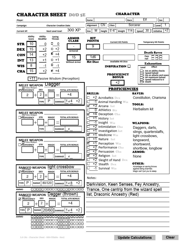 High Elf Sorcerer Character Sheet | PDF