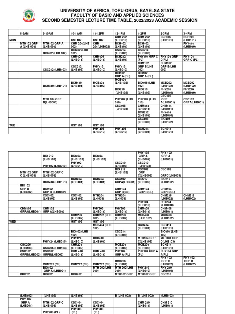 Adjusted 2ND Semester Lecture Time-Table, 2022-2023 Academic Session | PDF | Physical Sciences ...