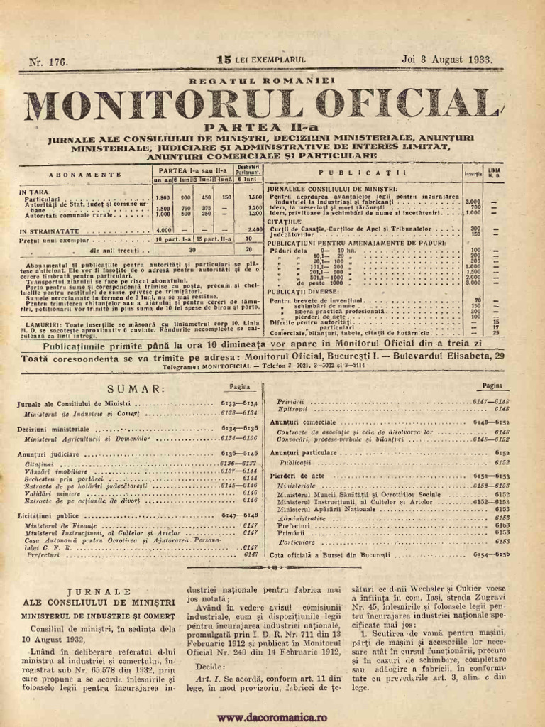 Monitorul Oficial Al României. Partea A 2-A, Nr. 176, 3 August 1933 | PDF