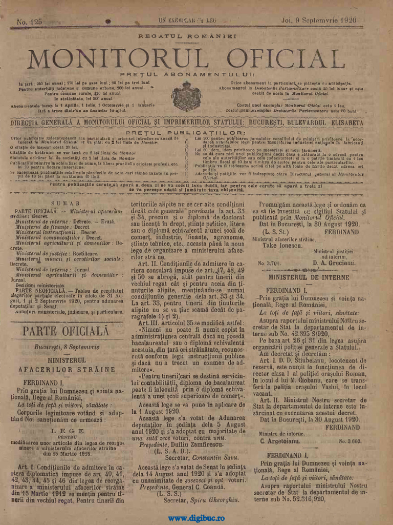 Monitorul Oficial al României, nr. 125, 9 septembrie 1920 | PDF