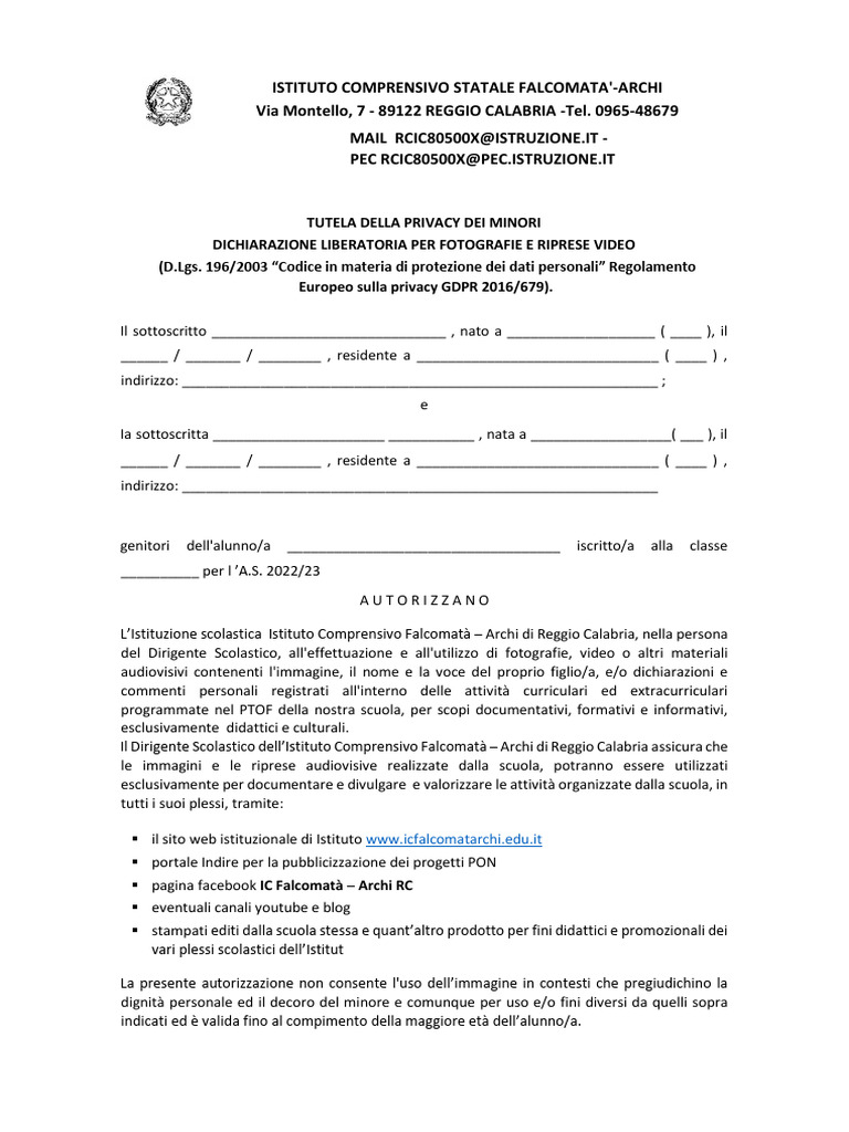 2022 2023 Liberatoria Foto e Video | PDF