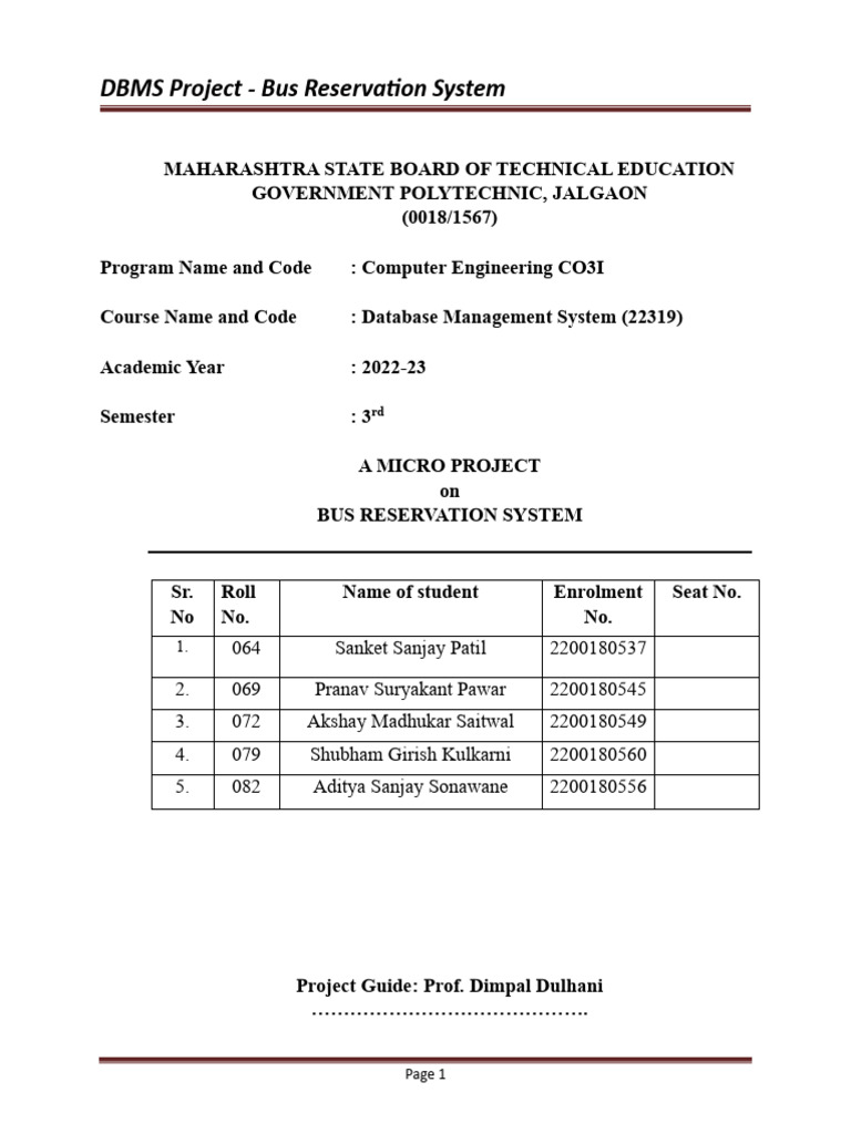 DBMS Microproject Bus Reservation System...... | PDF