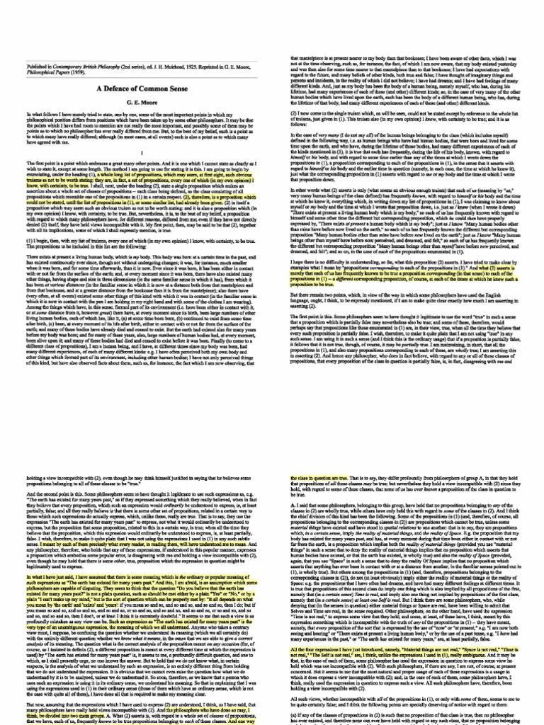 Moore, G.E. - A Defence of Common Sense | PDF