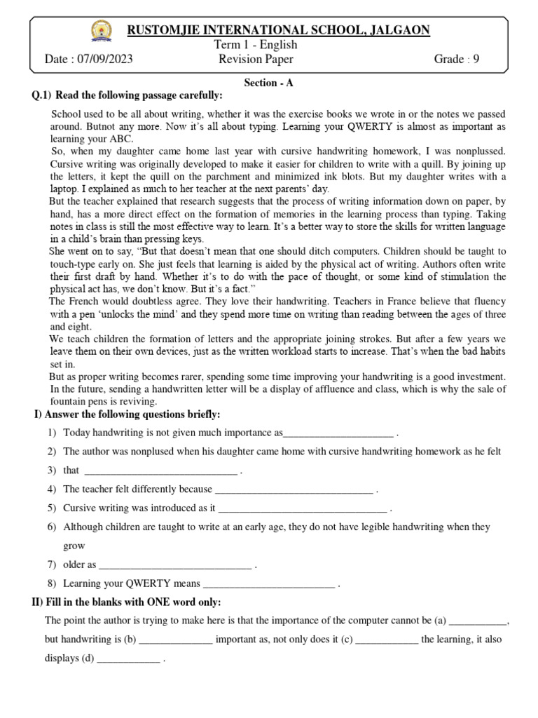 Term 1 - Grade 9 English Revision Paper | PDF