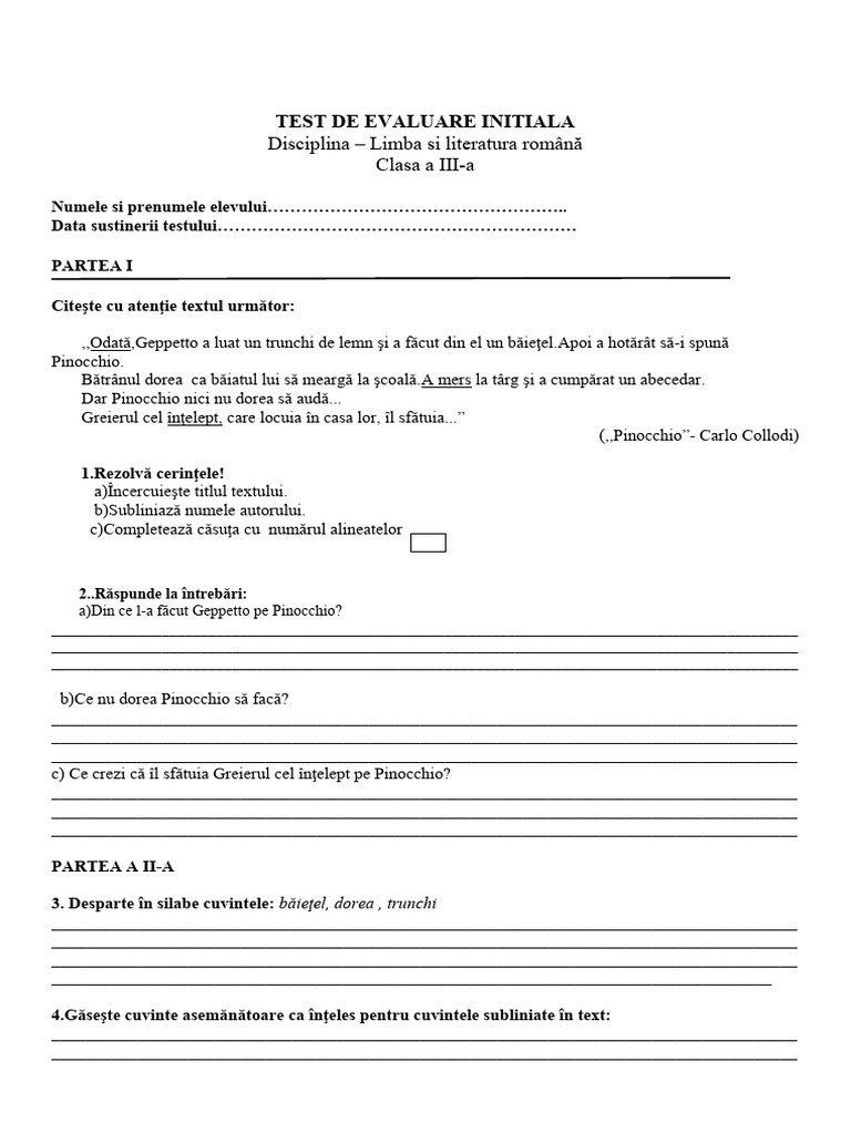 Evaluare Initiala Clasa III Elevi CES | PDF