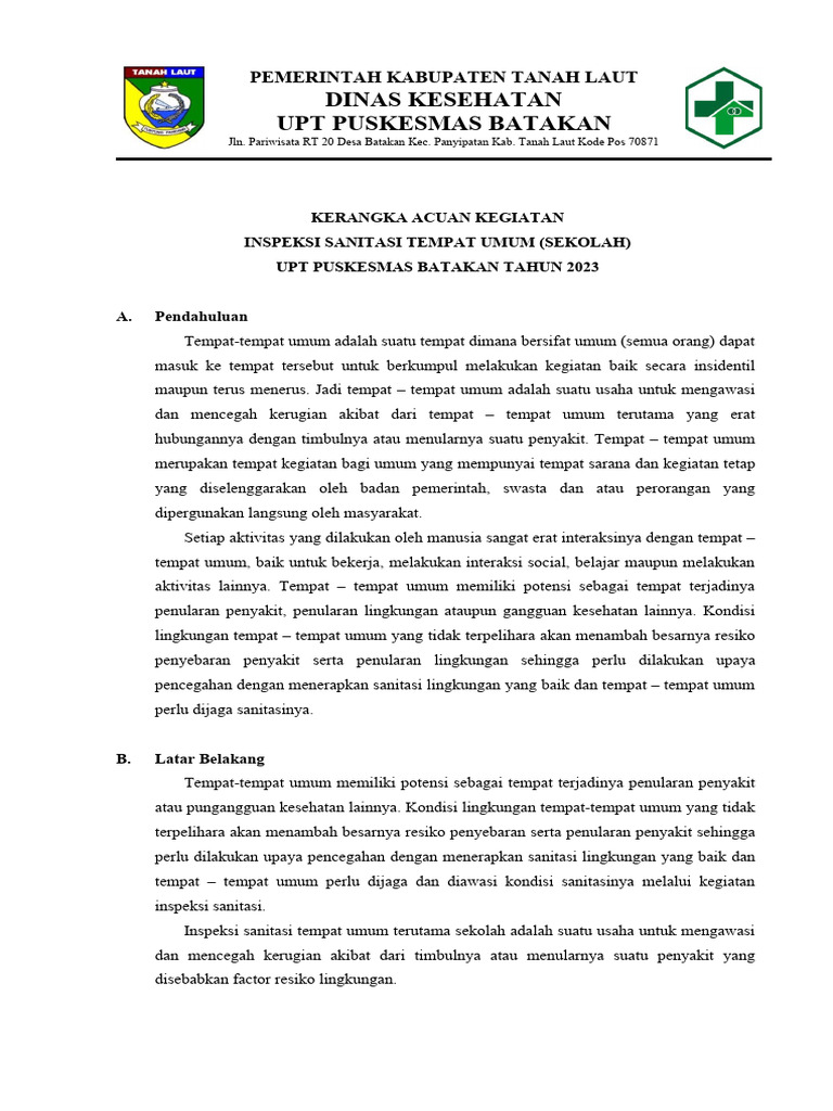 1.KAK Inspeksi Sanitasi Tempat Umum (Sekolah) | PDF