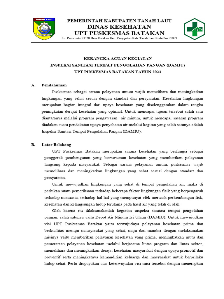4.KAK Inspeksi Sanitasi Tempat Pengolahan Pangan (DAMIU) | PDF