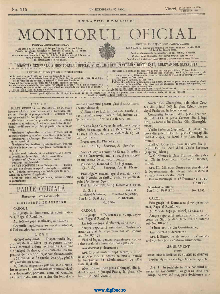 Monitorul Oficial Al României, Nr. 215, 24 Decembrie 1910 | PDF