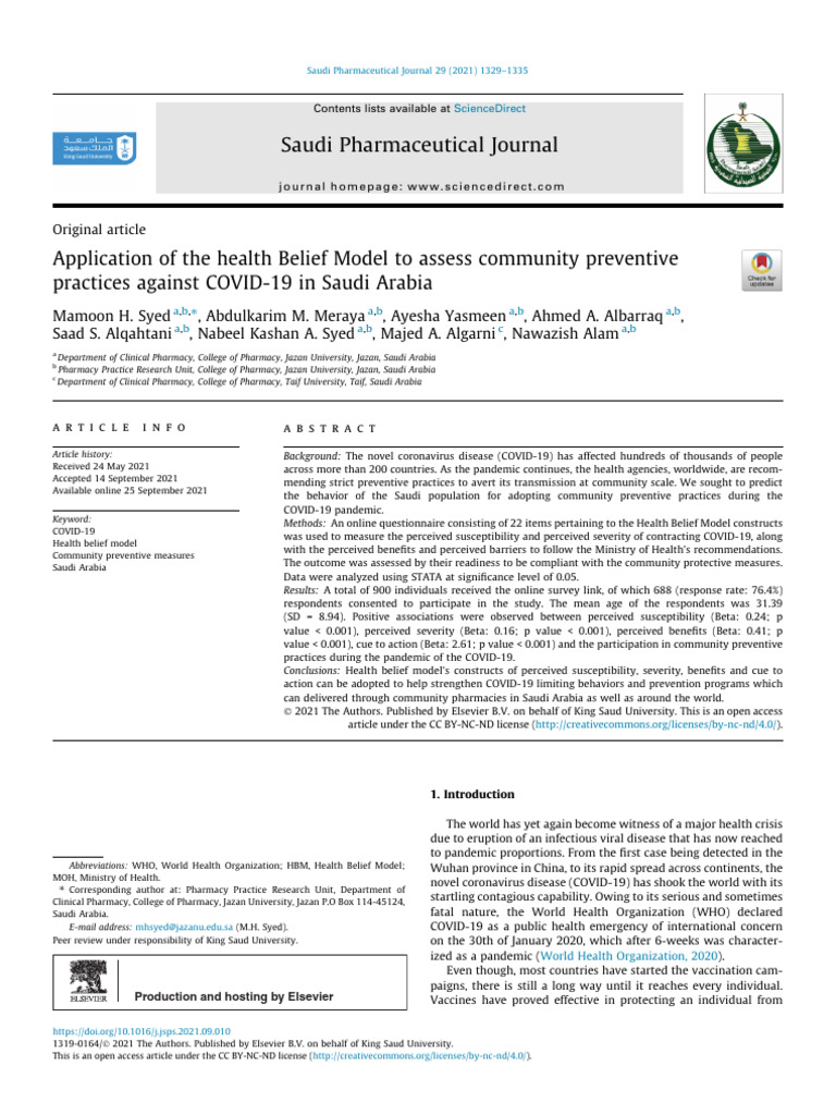 Syed Et Al 2021 - Application of HBM To Assess Community Preventive ...