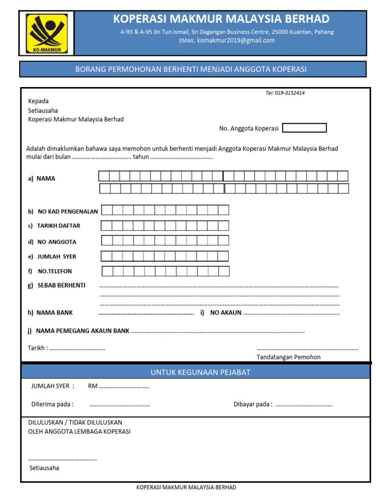 Borang Permohonan Berhenti Menjadi Anggota Koperasi | PDF