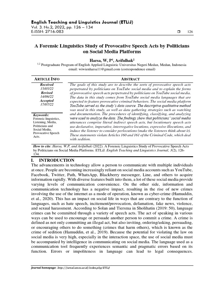A Forensic Linguistics Study of Provocative Speech Acts by Politicians ...