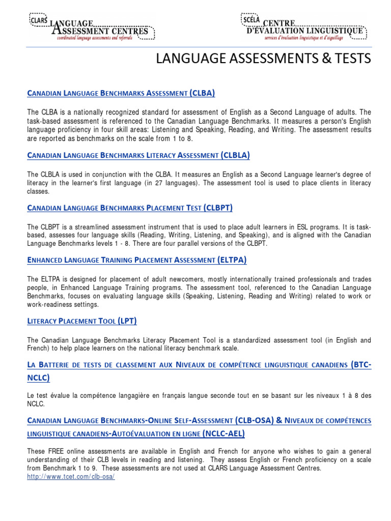 Canadian Language Assessment Tools | PDF