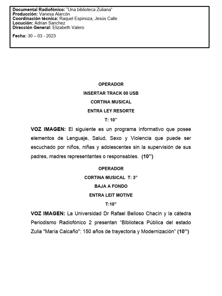 Guion Documental Radio Biblioteca Del Zulia Completo | PDF