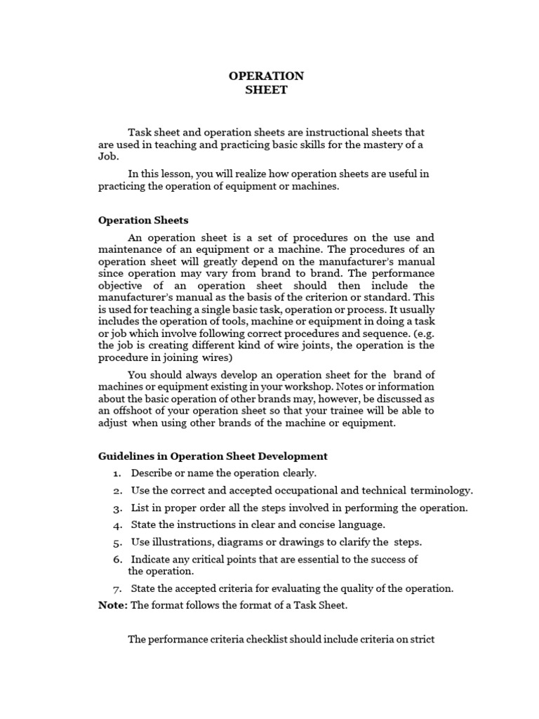 13.operation and Job Sheet | PDF | Behavior Modification | Cognitive ...