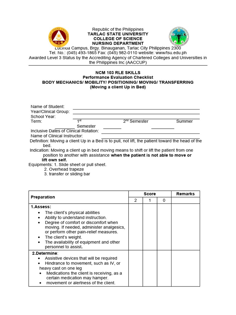 Procedural Checklist Moving Client Up Bed | PDF | Science & Mathematics