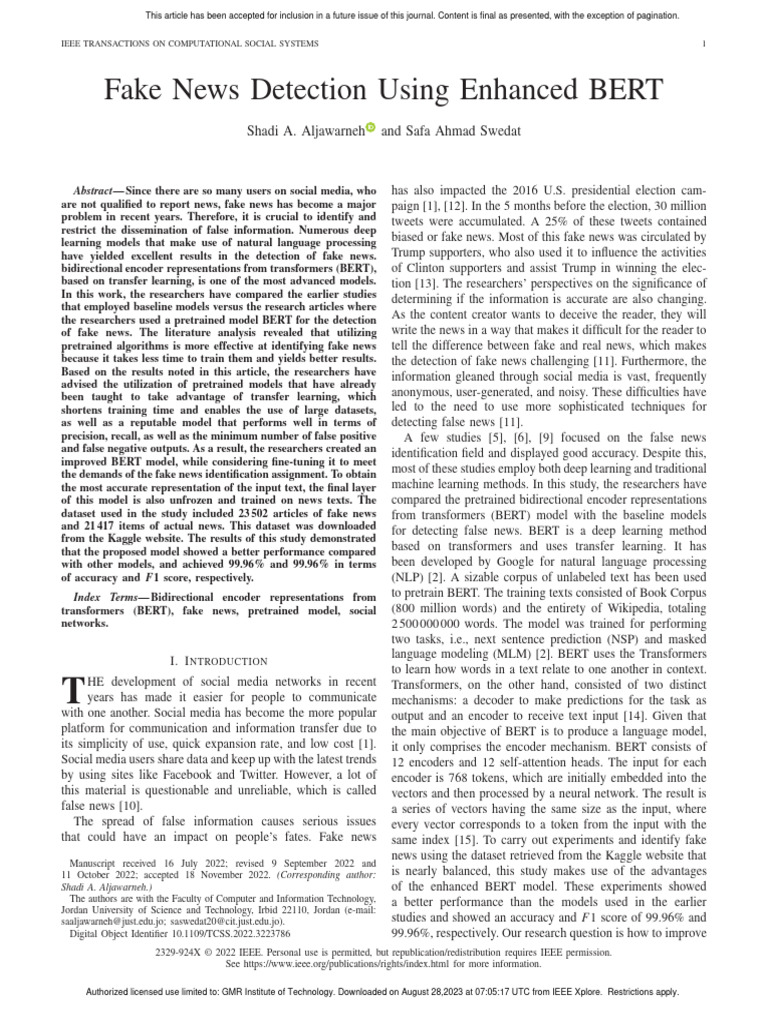 Fake News Detection Using Enhanced Bert Download Free Pdf Receiver