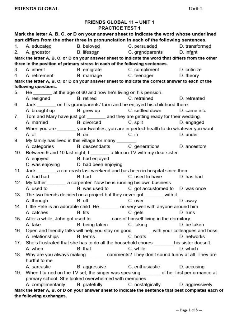 Tieng Anh 11 Friends Global - Unit 1 - Test 1 | PDF