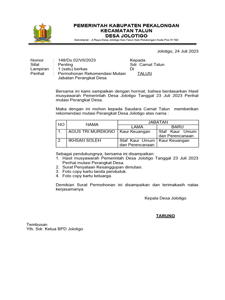 Contoh SK Mutasi Perangkat Desa1 | PDF