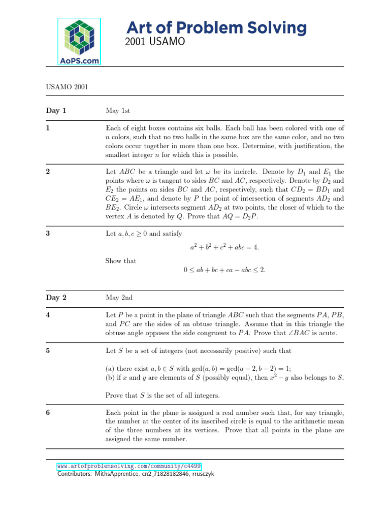 2001 Usamo: Contributors: Mithsapprentice, Cn2 71828182846, Rrusczyk | PDF