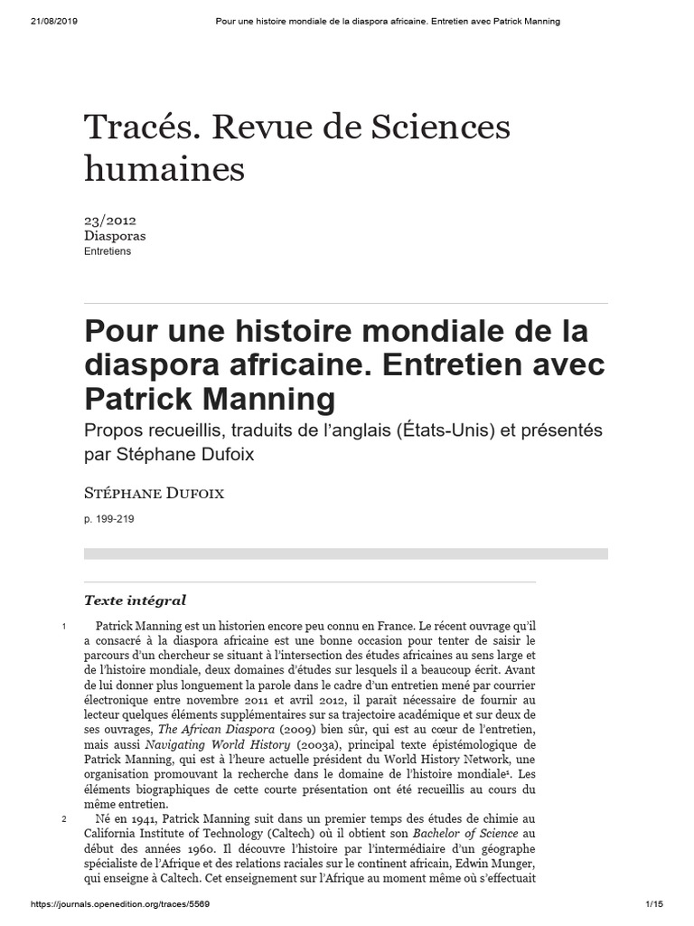 Pour Une Histoire Mondiale de La Diaspora Africaine. Entretien Avec Patrick Manning | PDF