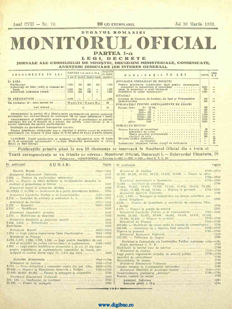 Monitorul Oficial Al României. Partea 1, 107, Nr. 076, 30 Martie 1939 | PDF