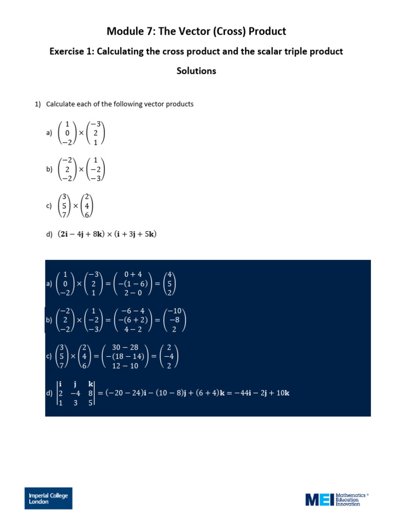 7.03 Exercise 1 Cross Product Scalar Triple Product Solutions | PDF