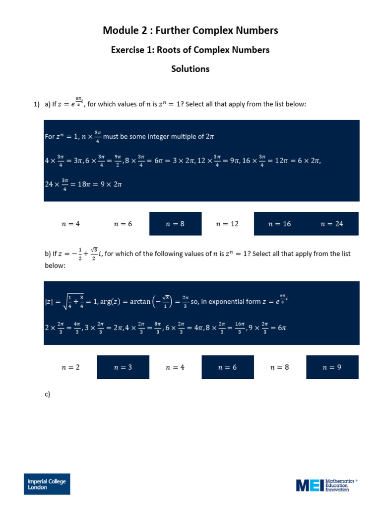 2.03 Exercise 1 Roots of Complex Numbers Solutions | PDF
