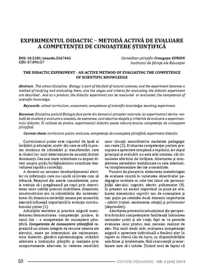 Experimentul Didactic Metodă Activă de Evaluare A Competenței de ...
