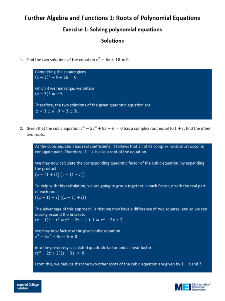 ALFM001-3.02 - Solutions For Exercise 1 | PDF | Factorization | Quadratic Equation