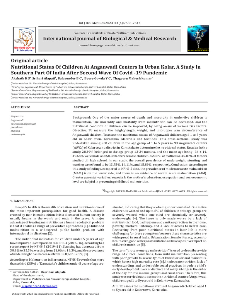 Nutritional Status of Children at Anganwadi Centers in Urban Kolar, A Study in Southern Part of ...