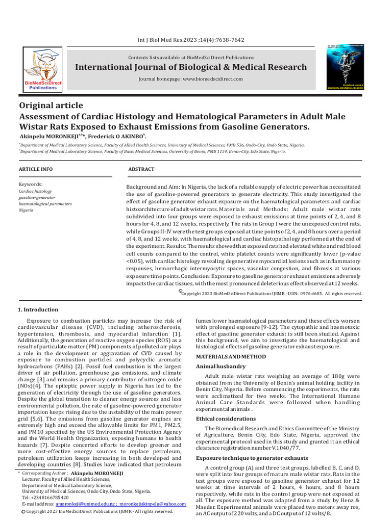 Assessment of Cardiac Histology and Hematological Parameters in Adult ...