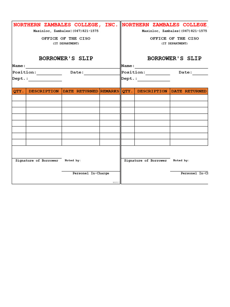 IT Equipment Borrower's Slip Template | PDF