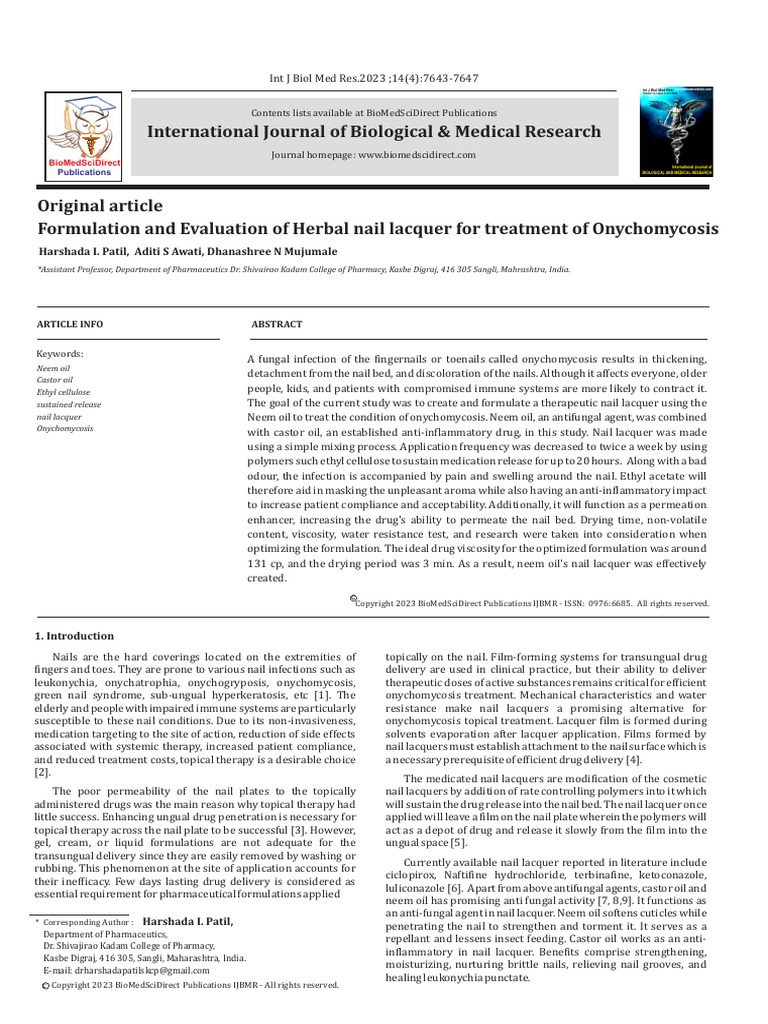 Formulation and Evaluation of Herbal Nail Lacquer for Treatment of ...