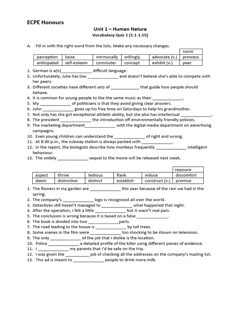 ECPE Honors - Unit 1 Quizzes | PDF
