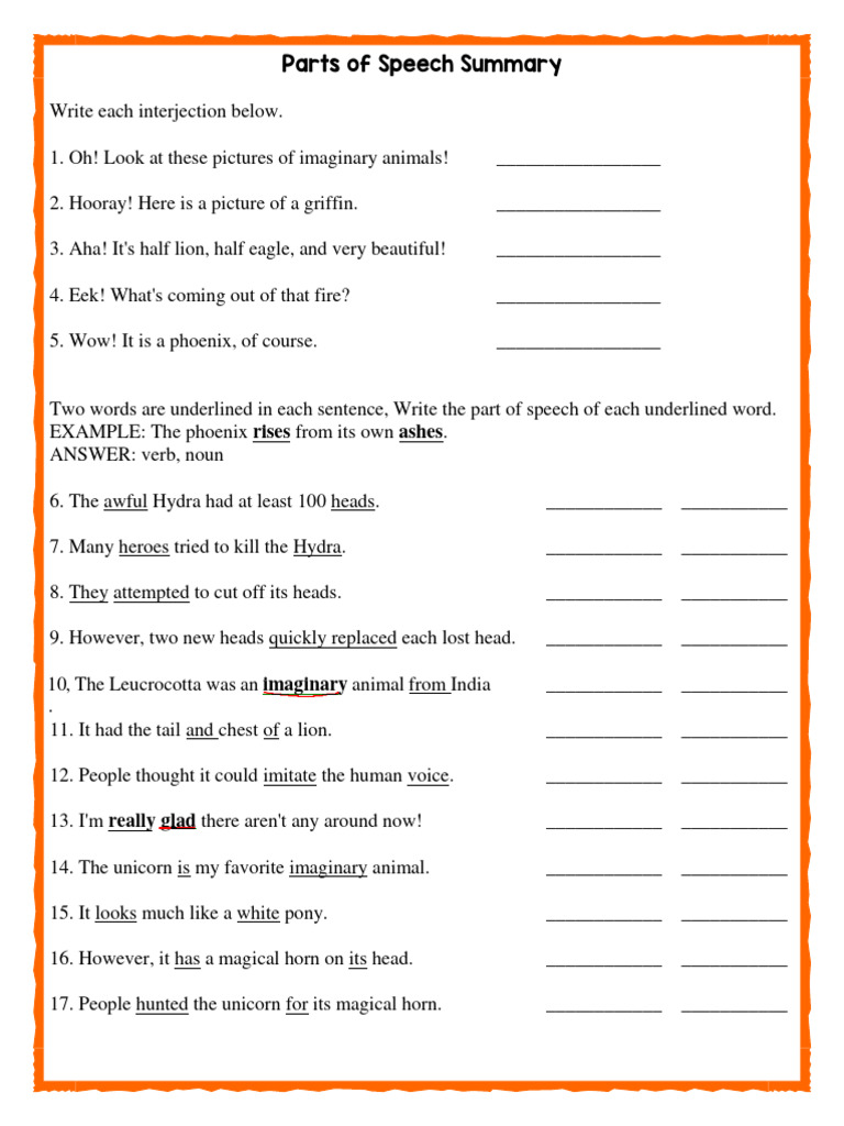 Grade 5 Parts of Speech Worksheet - Blank | PDF