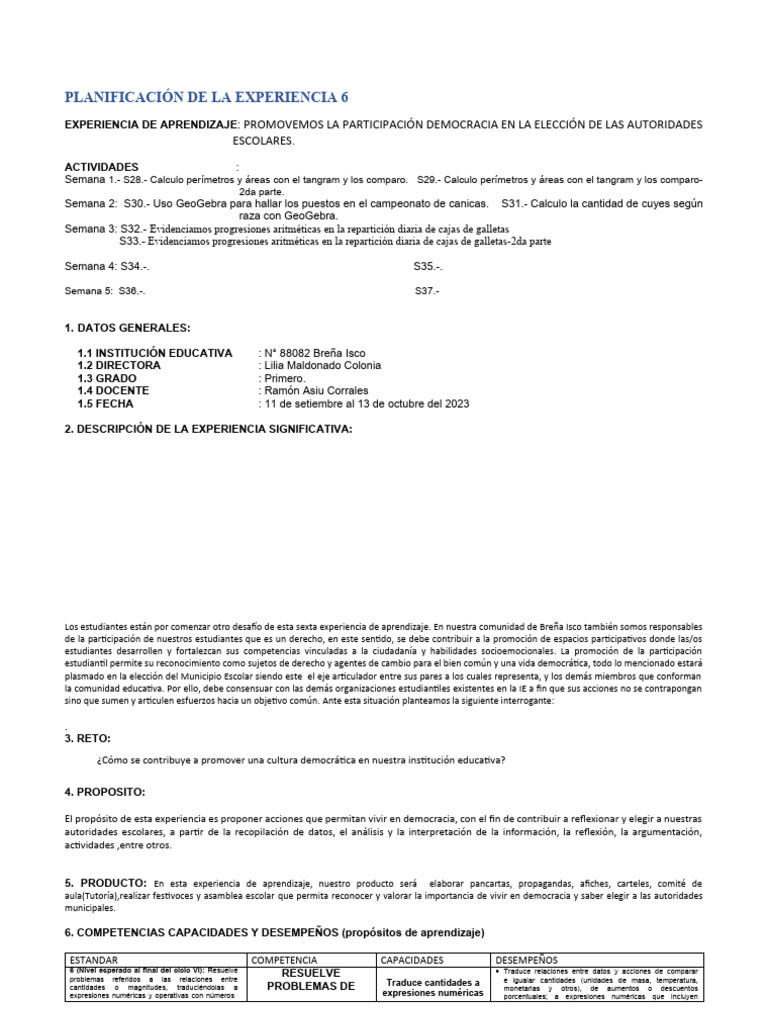 Experiencia de Aprendizaje #06 Primer Grado Matematica | PDF