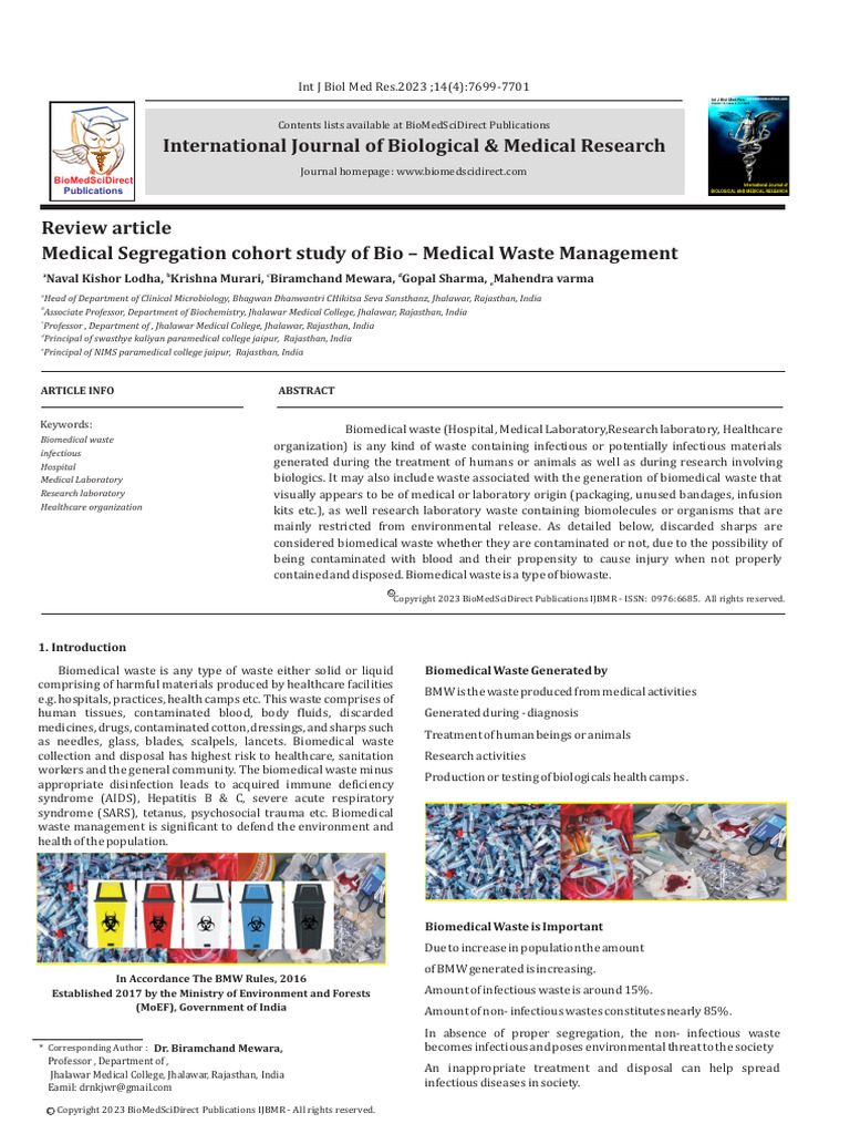 Medical Segregation Cohort Study of Bio – Medical Waste Management | PDF
