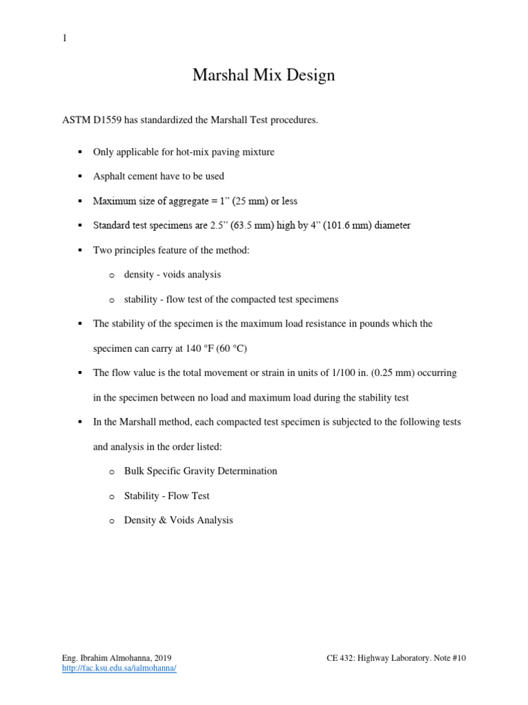 Lab Note 10 Marshal Mix Design 0 | PDF | Density | Construction Aggregate