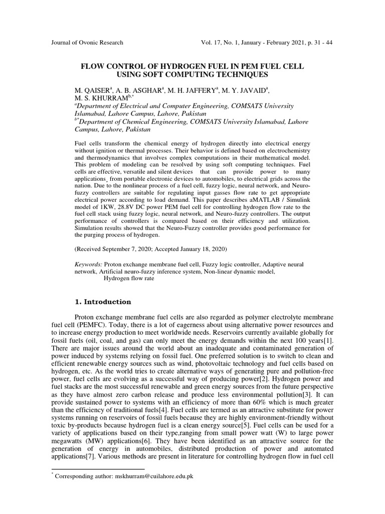 Flow Control of Hydrogen Fuel in Pem Fuel Cell Using Soft Computing ... Flow Control of Hydrogen Fuel in Pem Fuel Cell Using Soft Computing ...