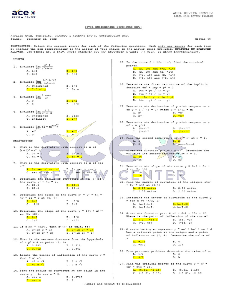 CE Module 5 - Differential Calculus (Answer Key) | PDF