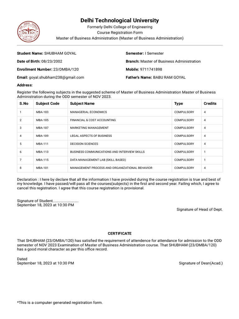 Course Registration Acknowledgement Slip | PDF