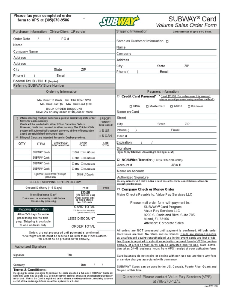 Subway Card Order Form | PDF | Payments | Financial Transaction