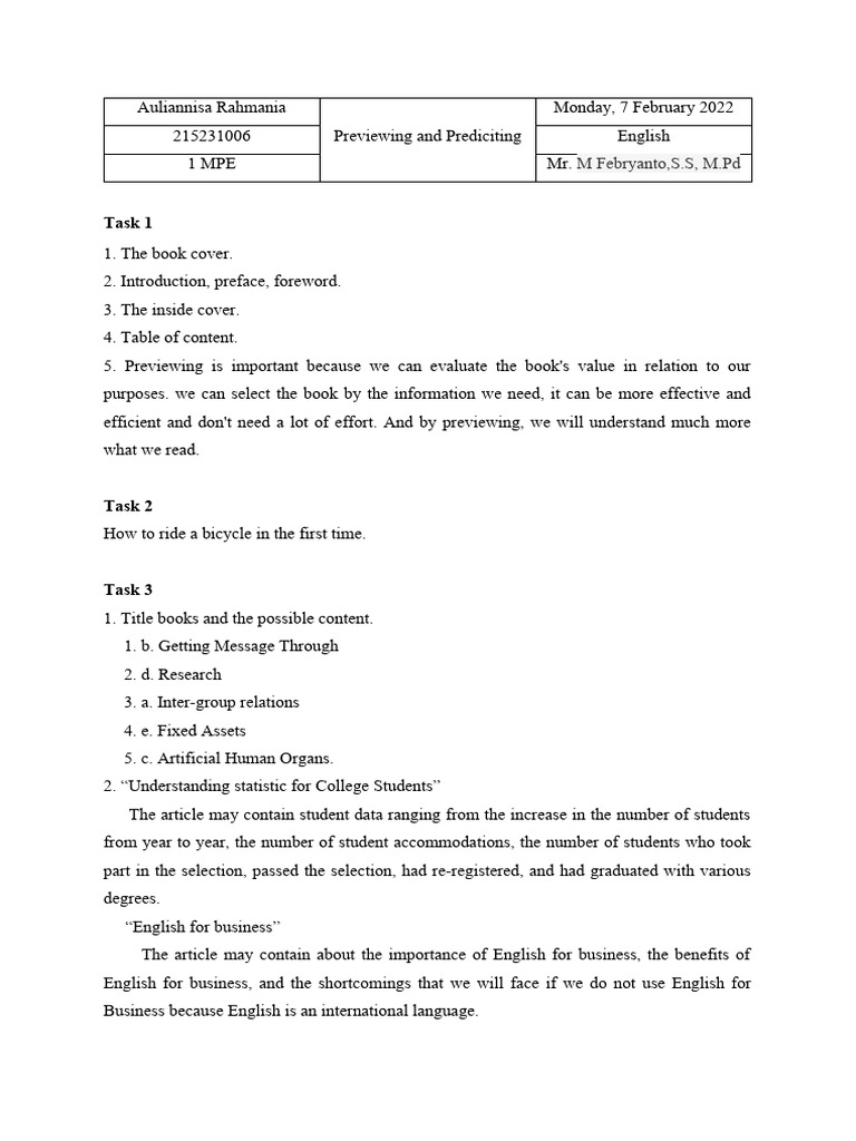Auliannisa Rahmania - 1 MPE - Previewing and Prediciting | PDF